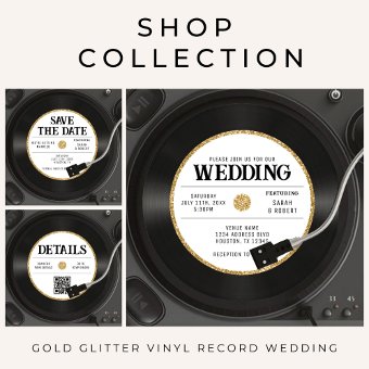 Retro Gold Glitter Vinyl Record Wedding Invitation | Zazzle