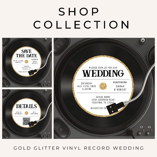 Retro Gold Glitter Vinyl Record Wedding Invitation | Zazzle