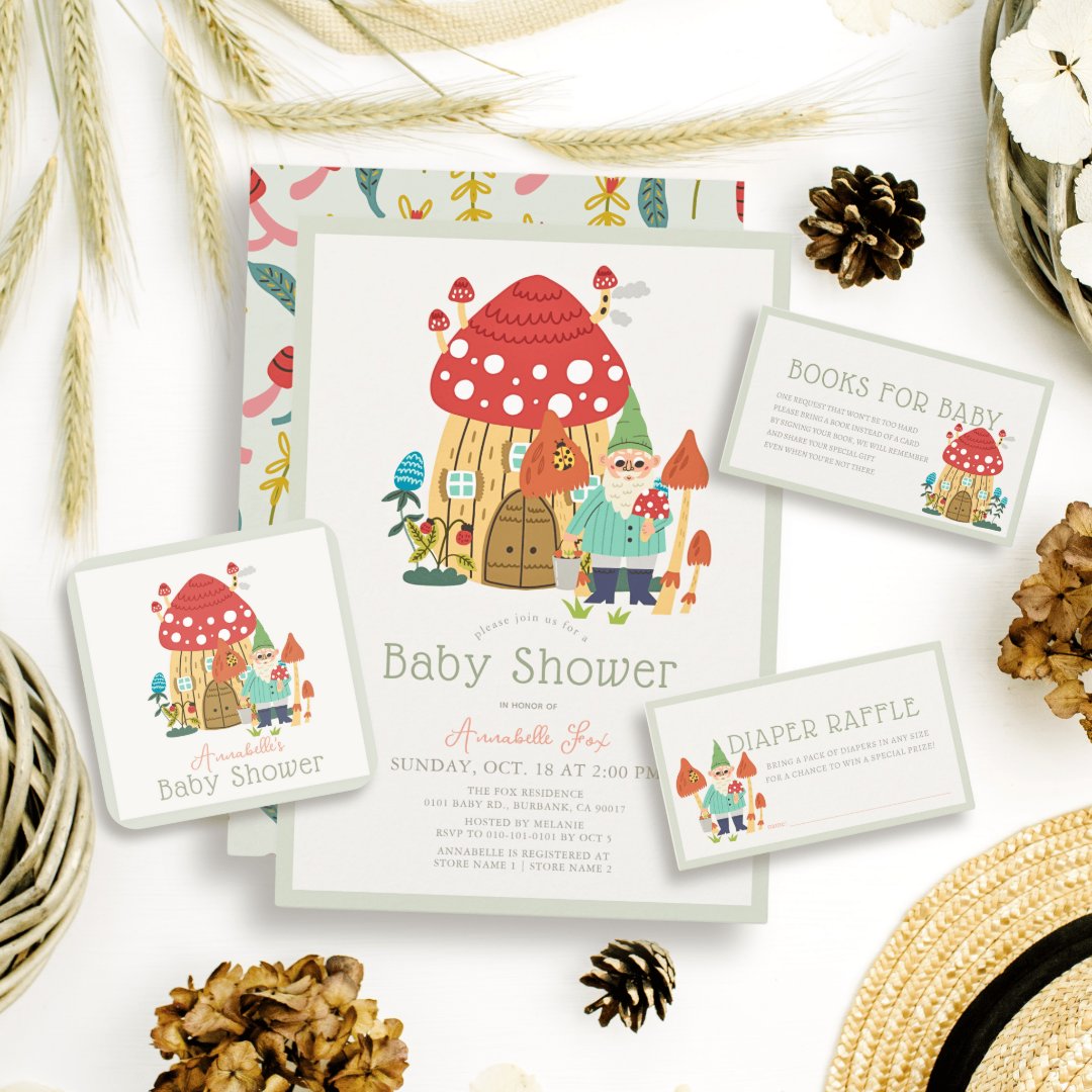 Gnome Garden Mushroom Green Boy Baby Shower Invitation | Zazzle