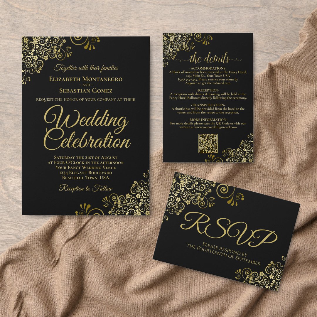 Gold Frills Elegant Black Wedding Invitation | Zazzle