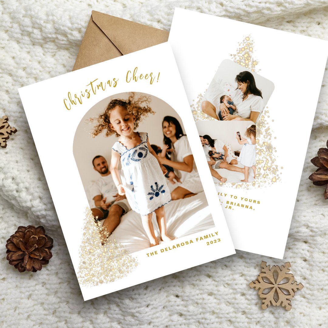 Modern Gold-Lit Christmas Tree Cheer Two Photo Gift Tags | Zazzle