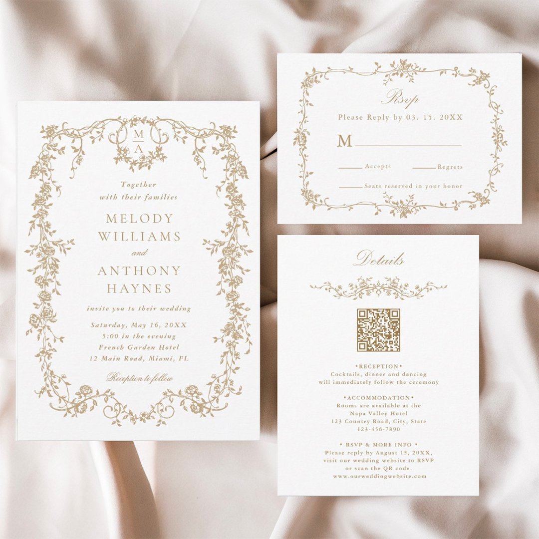 Gold Classic French Victorian Floral Wedding Invitation | Zazzle