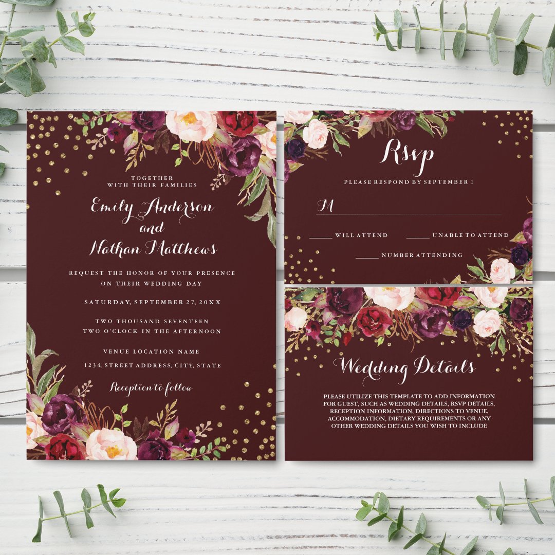 Gold Confetti Burgundy Floral Wedding Invitation | Zazzle