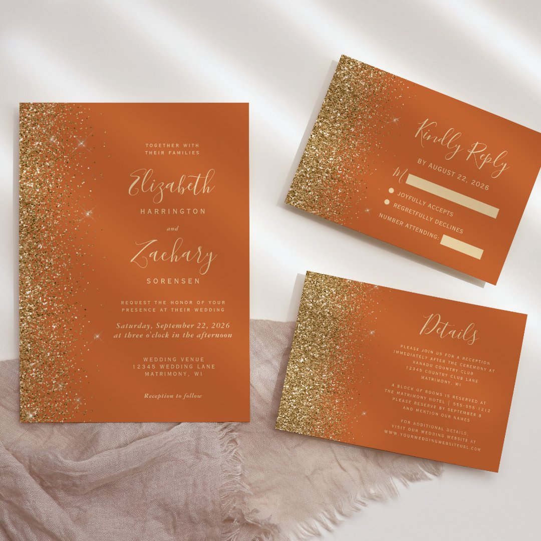 Modern Burnt Orange Gold Faux Glitter Edge Wedding Invitation | Zazzle