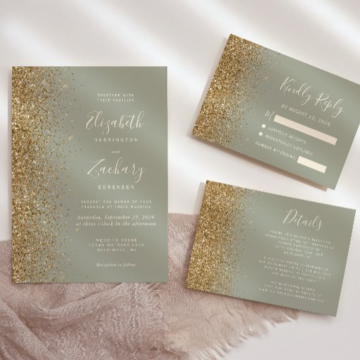 Sage Green Gold Glitter Wedding Invitation | Zazzle