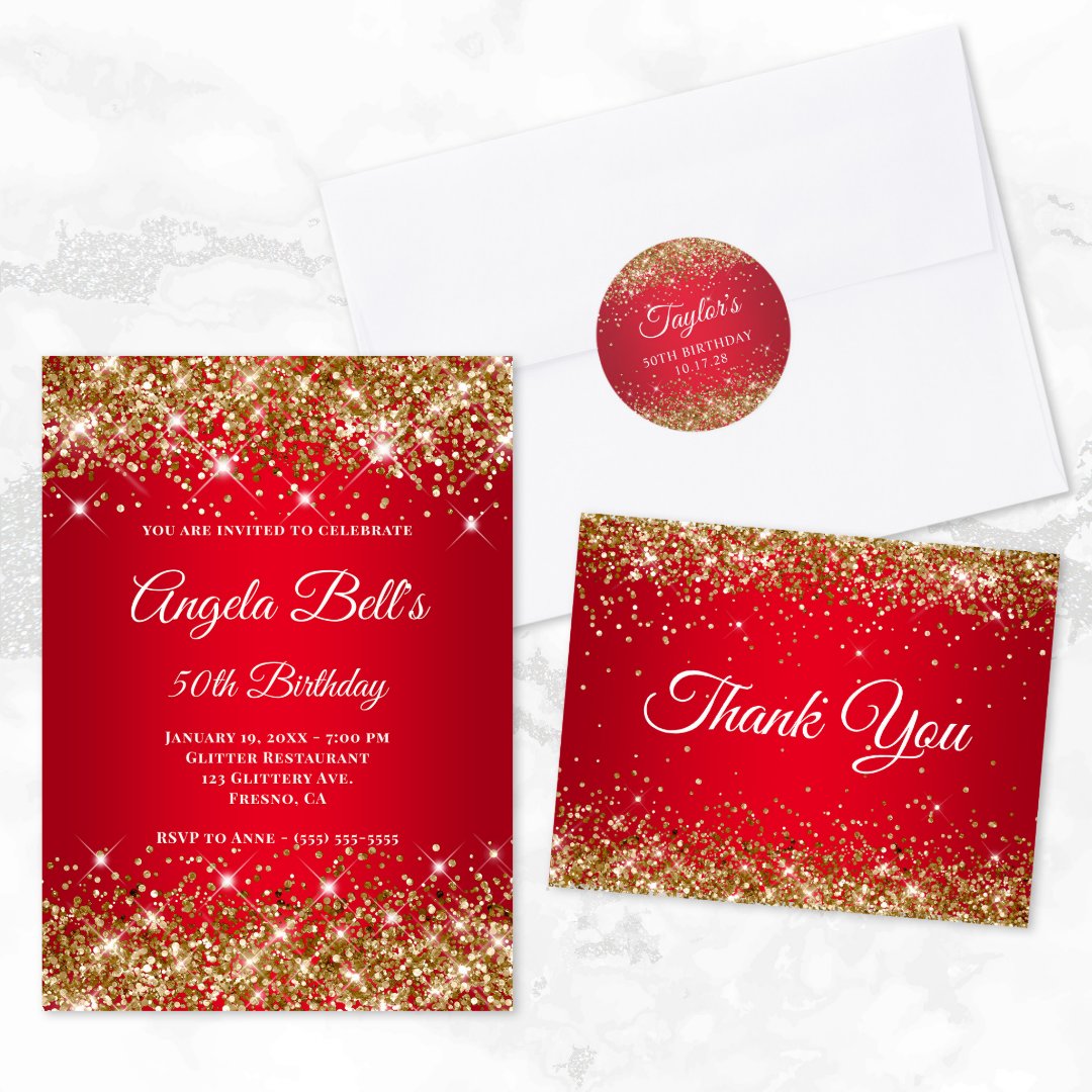 Gold Glitter Red Ombre 50th Birthday Invite Flyer | Zazzle