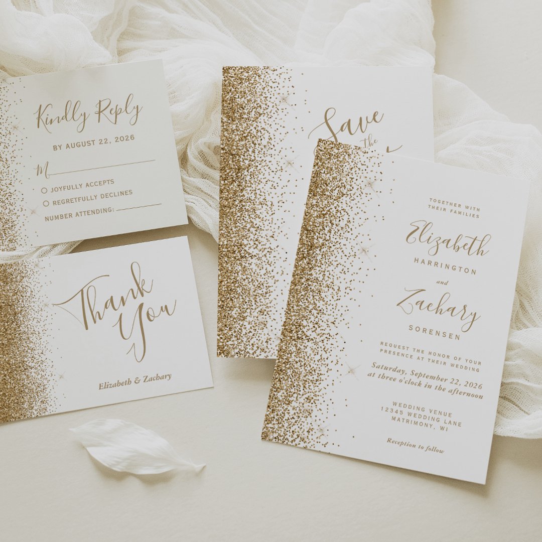 Modern White Gold Faux Glitter Edge Wedding Invitation | Zazzle
