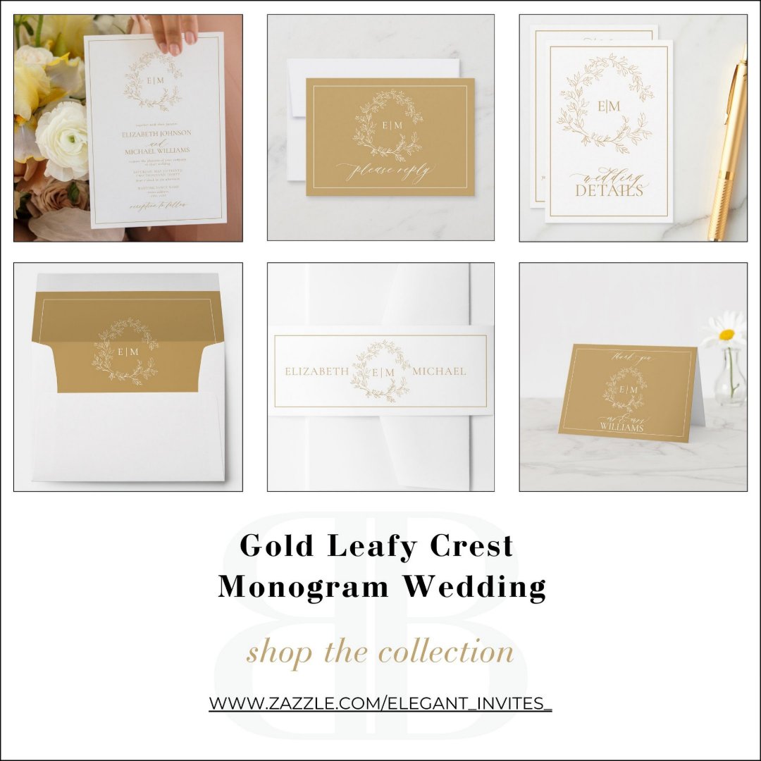 Real Gold Foil Leafy Crest Monogram Wedding Foil Invitation | Zazzle