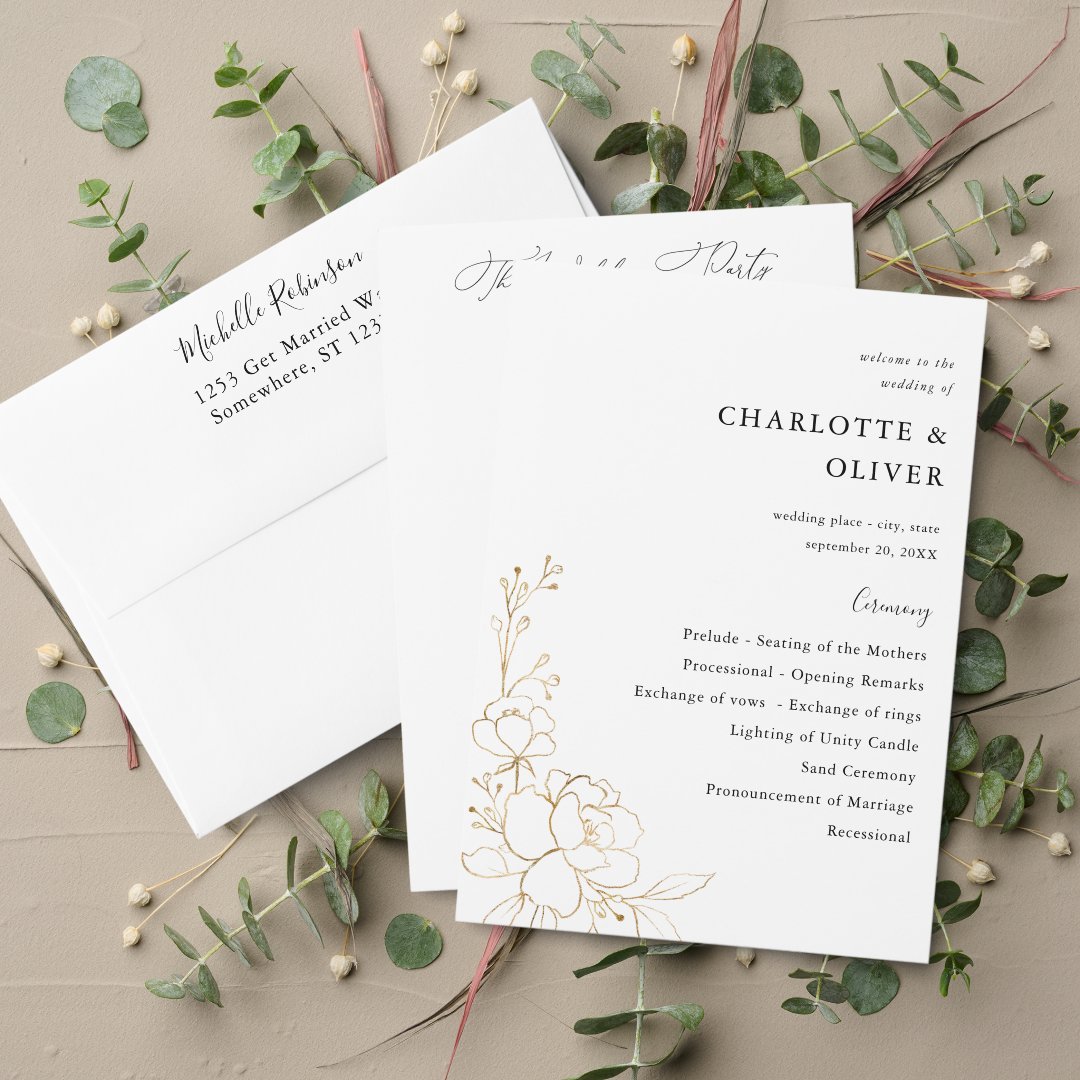 Gold Lined Floral White & Black Wedding | Zazzle