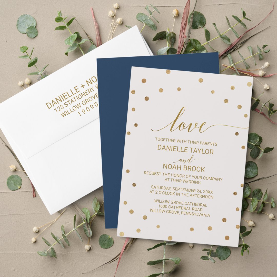 Gold Polka Dots "Love" Wedding Invitation | Zazzle