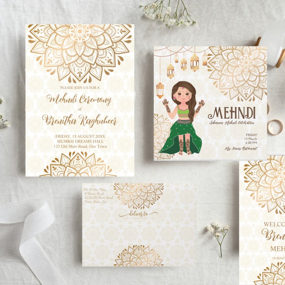 Mehndi budget invite with cute Indian henna bride | Zazzle