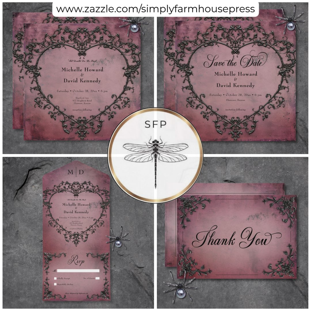 Gothic Black & Burgundy Filigree Heart Wedding Invitation | Zazzle