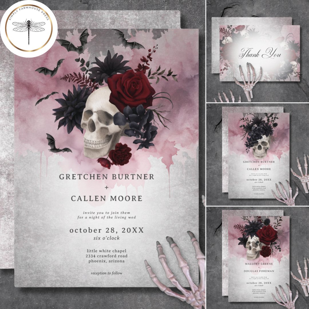 Gothic Black & Burgundy Skull & Spider Wedding Thank You Card | Zazzle