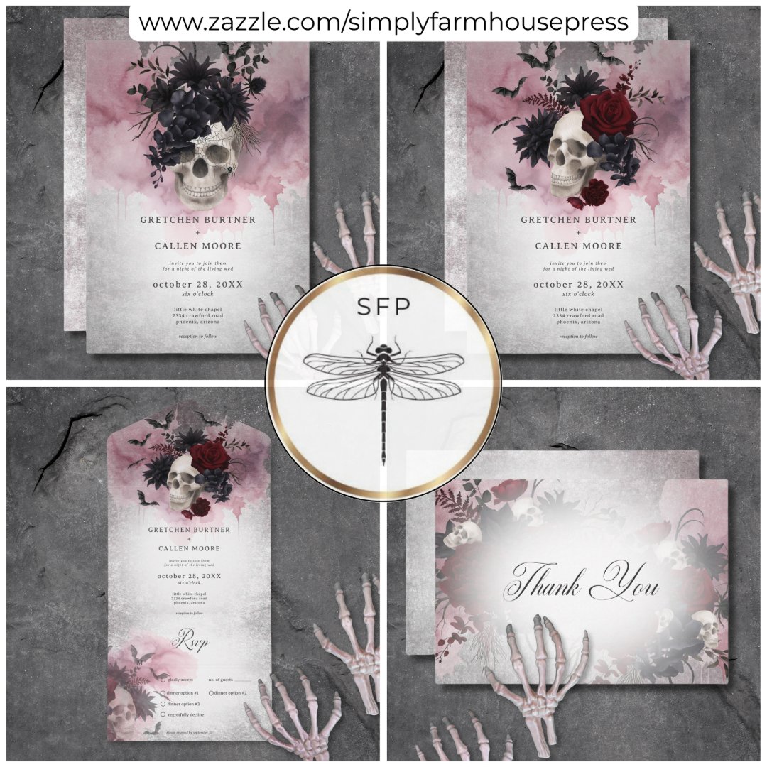 Gothic Black & Burgundy Skull Spider & Bat Wedding Invitation | Zazzle