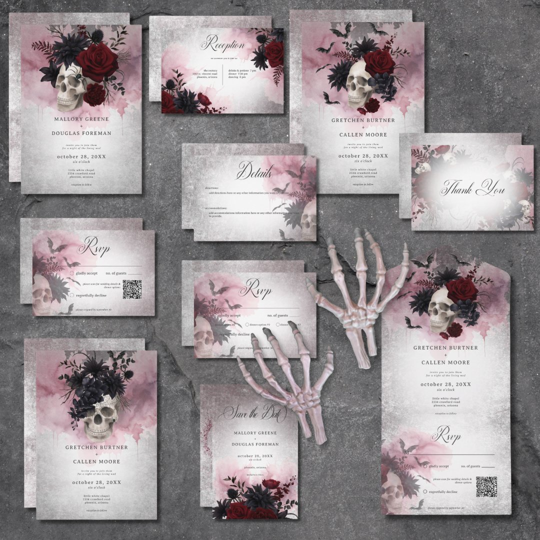 Gothic Black & Burgundy Skull & Spider Wedding Save The Date | Zazzle