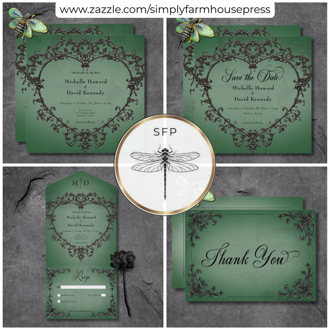 Gothic Black & Green Filigree Heart QR Code All In One Invitation | Zazzle