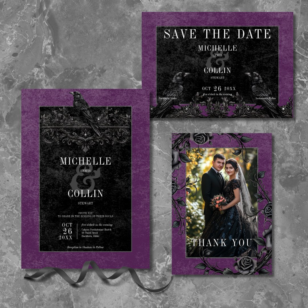 Gothic Black Raven & Black Roses Purple Wedding Invitation | Zazzle