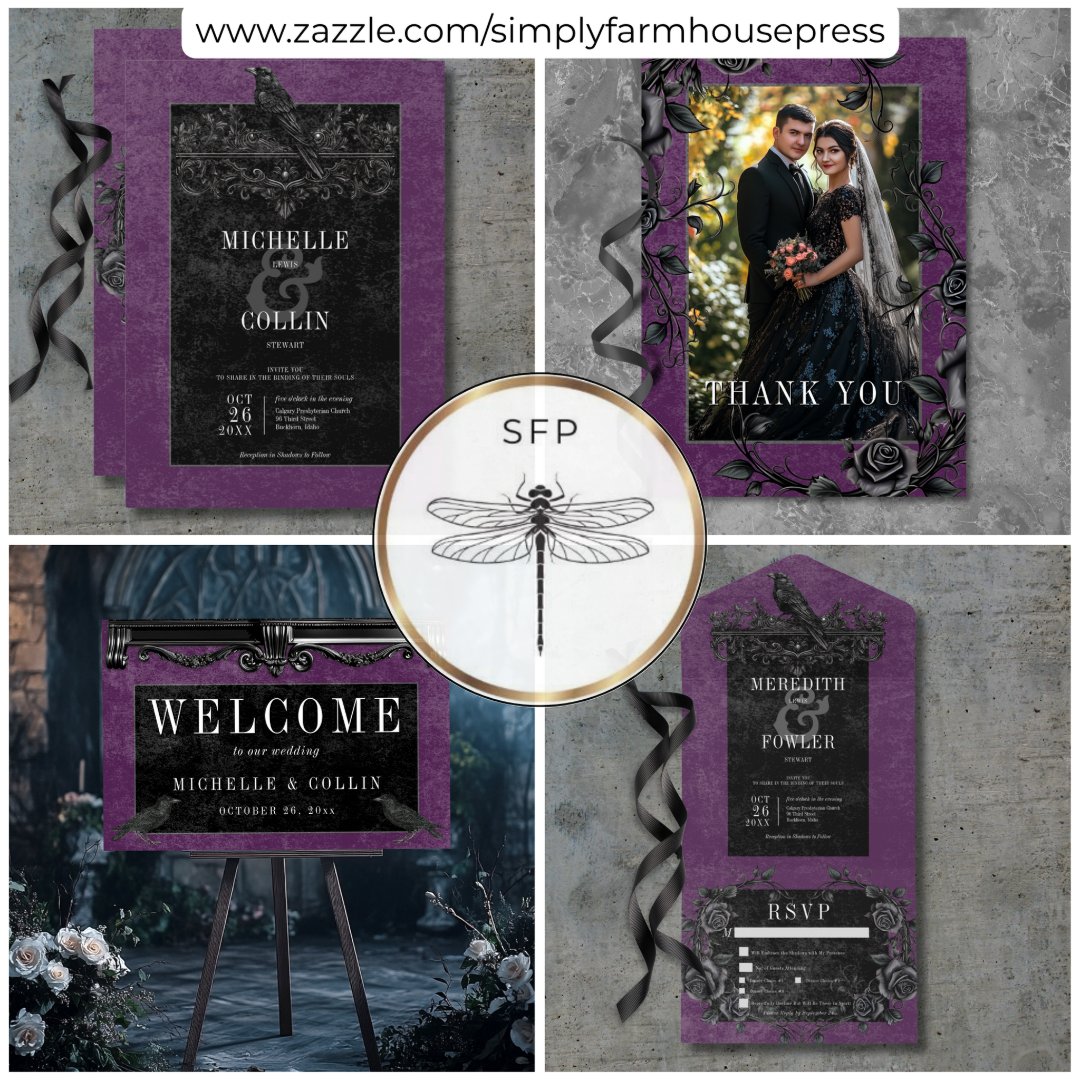 Gothic Black Raven & Black Roses Purple Wedding Invitation | Zazzle