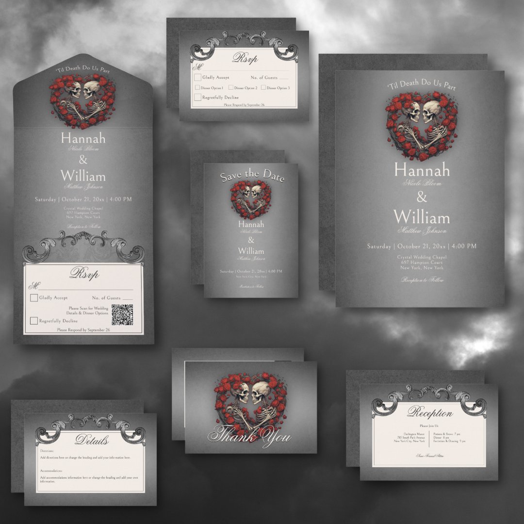 Gothic Dark Skeletons & Rose Heart QR Code All In One Invitation | Zazzle