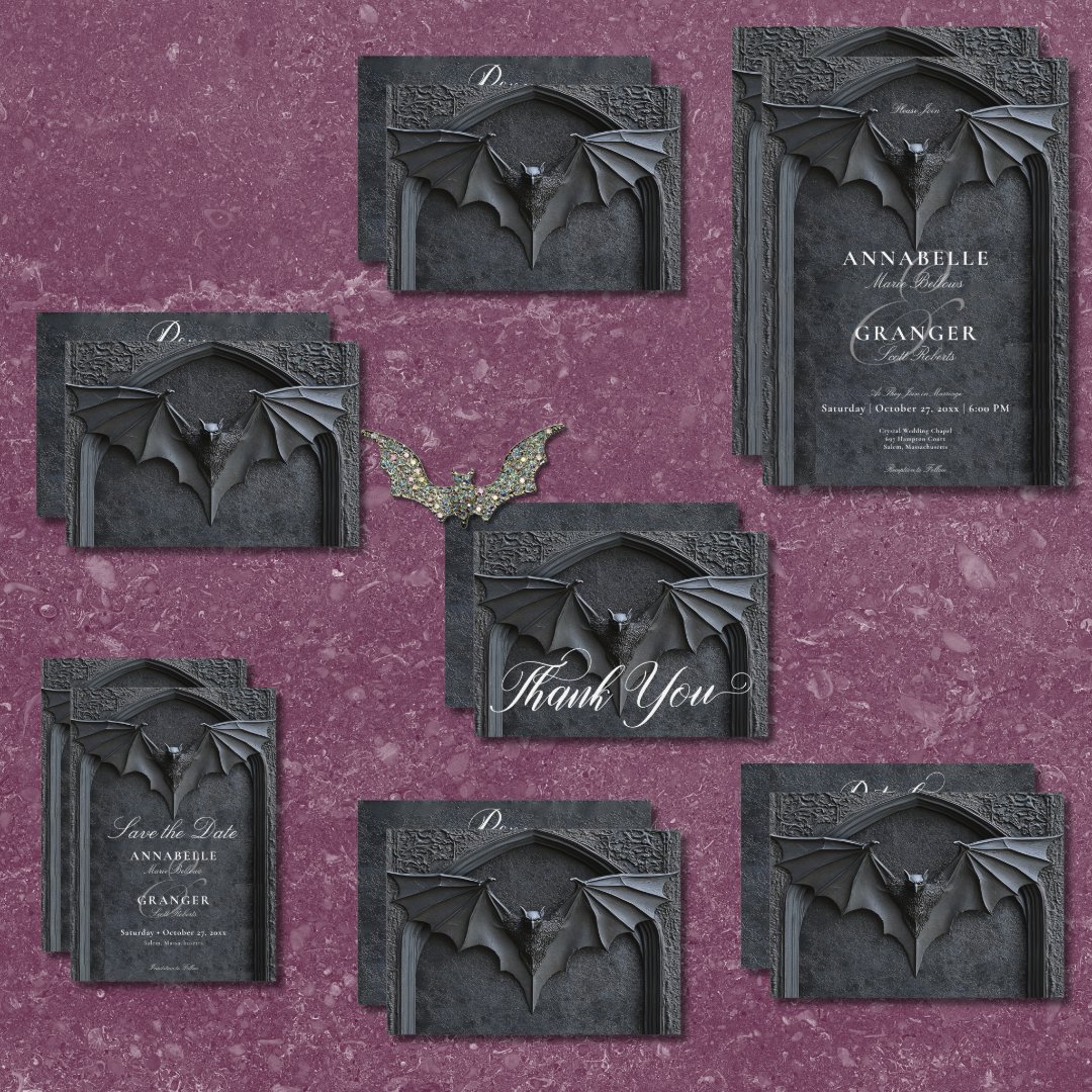 Gothic Halloween Black Bat & Arch Two Side Details Invitation | Zazzle