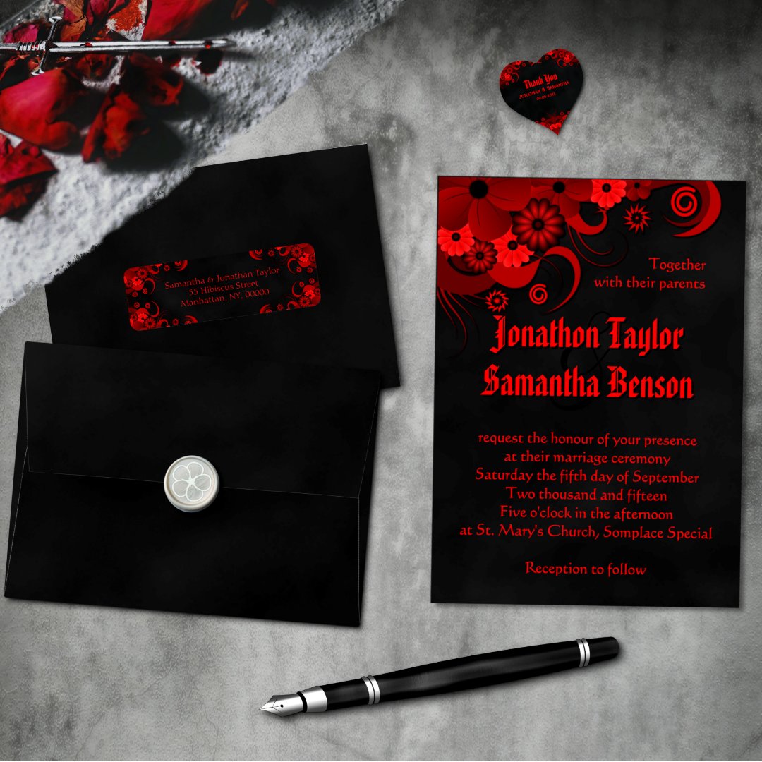 Black Chalkboard Red Floral Goth Wedding Envelopes | Zazzle