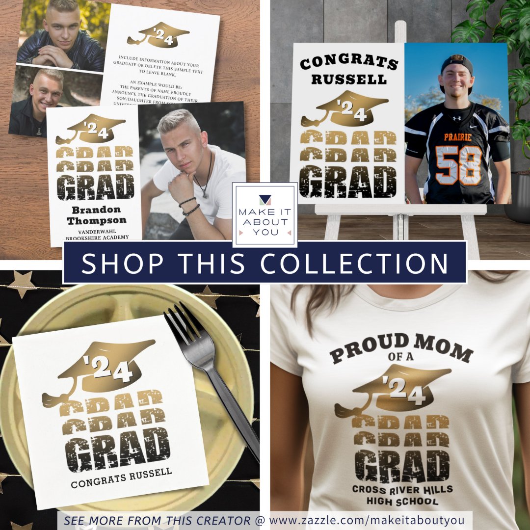 Congrats Grad Black Gold Typography 1 or 2 Photos Sign | Zazzle