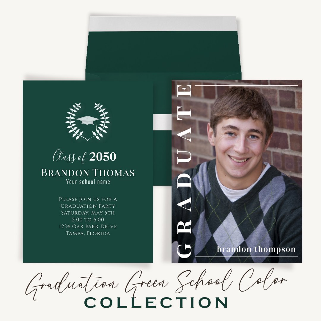 Graduation Classic Photo Dark Green Laurel Leaves Invitation | Zazzle