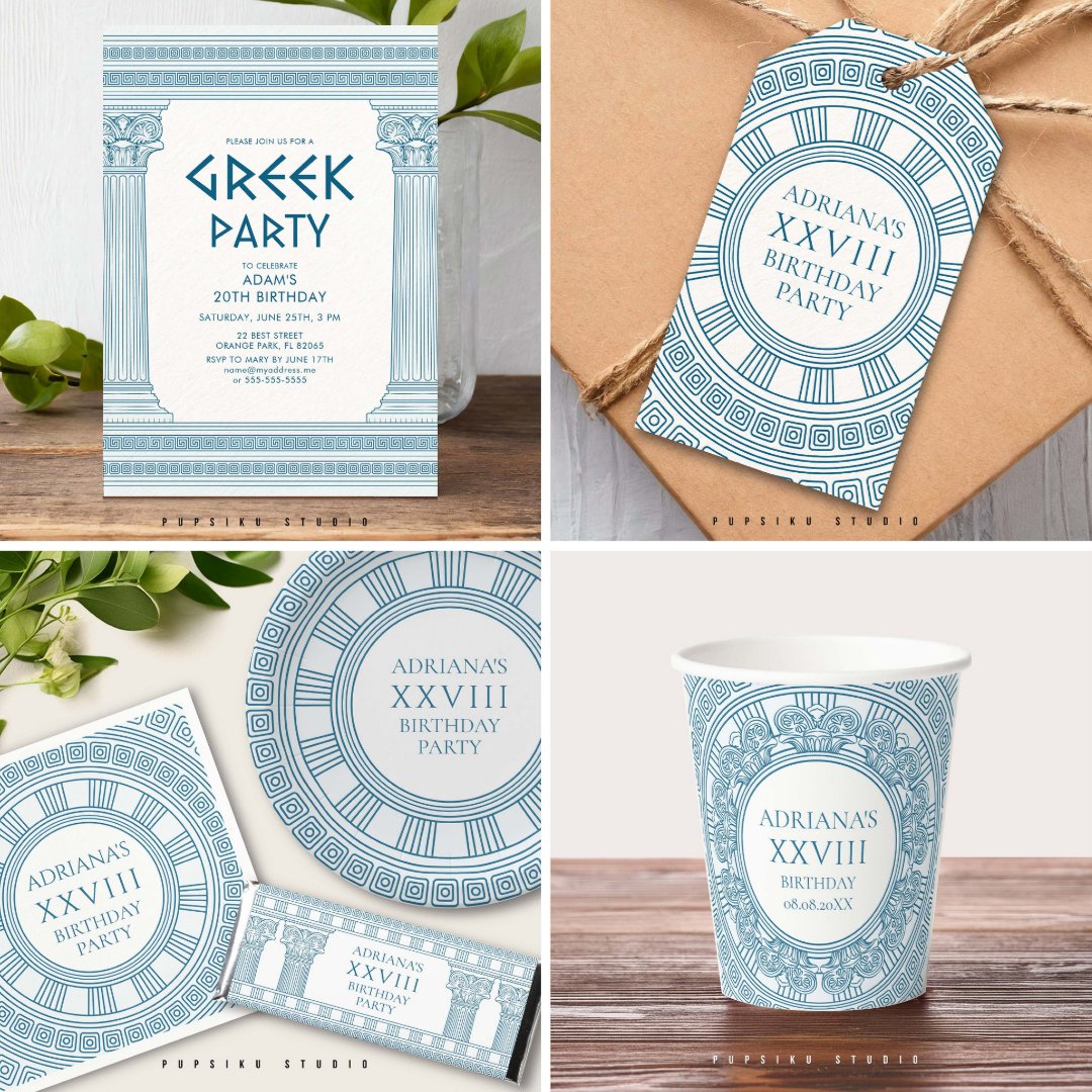 Greek Birthday Party Invite with blue columns | Zazzle
