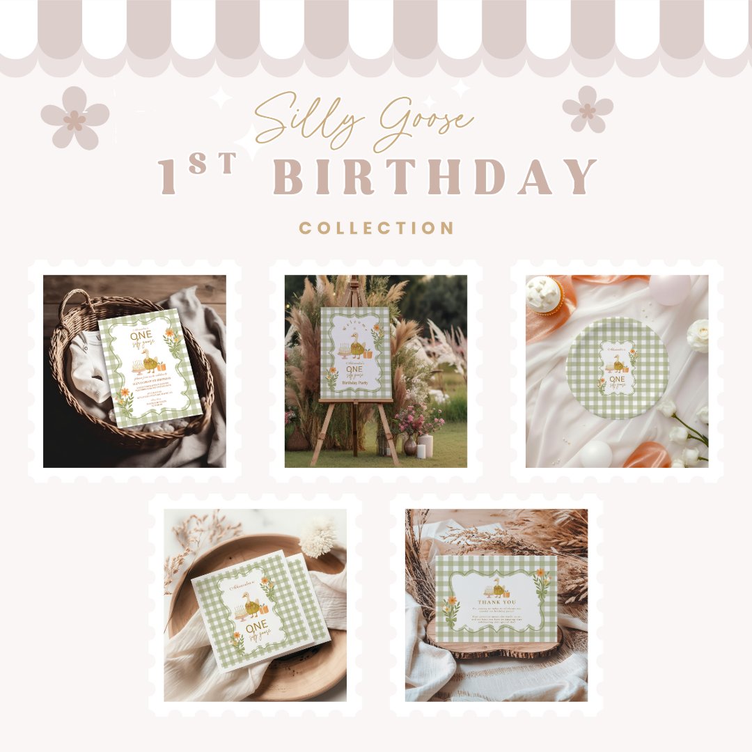 Green Gingham Silly Goose 1st Birthday Thank You Card | Zazzle