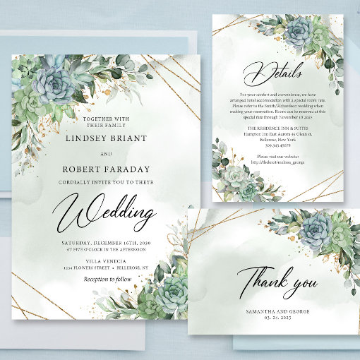 Trendy succulents green and white gold Open House Invitation | Zazzle