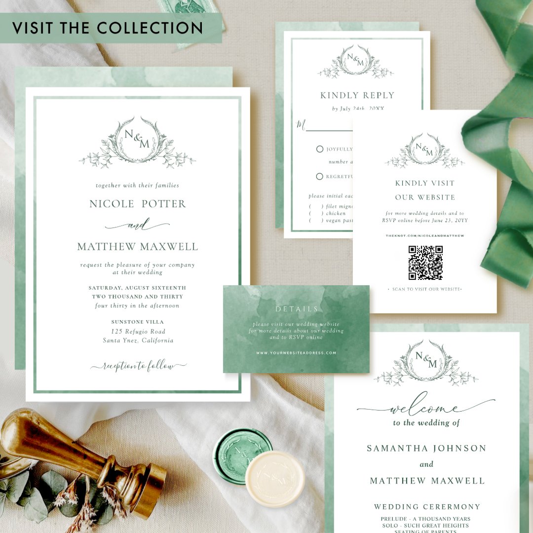 Elegant Formal Monogram Green Wedding Invitation | Zazzle