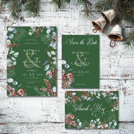 Green Winter Pine Berries Eucalyptus QR Code All In One Invitation | Zazzle