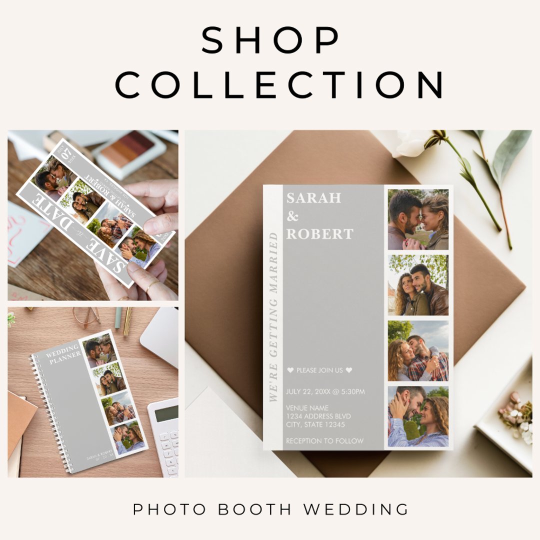 Grey & White Photo Booth Collage Wedding Thank You Card | Zazzle