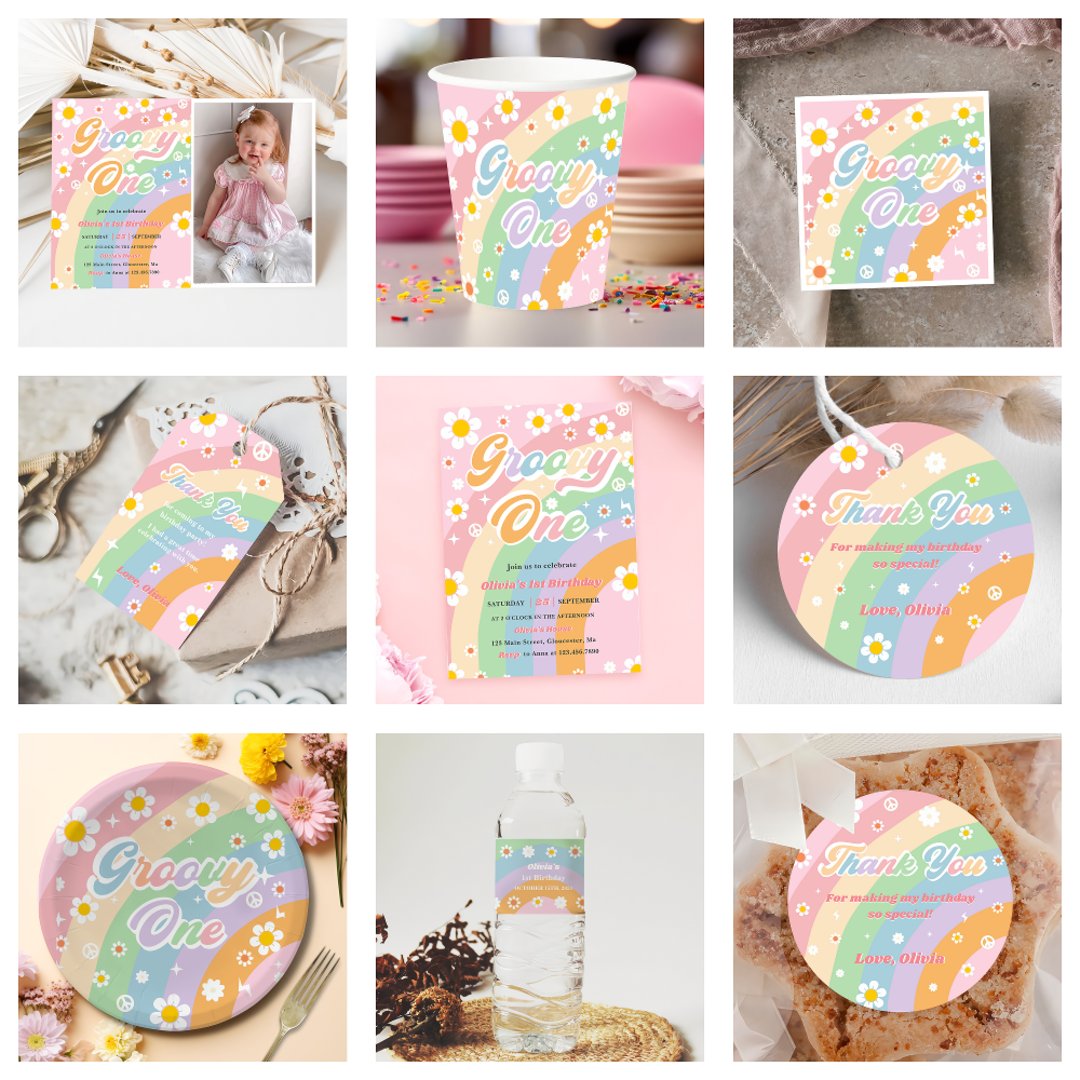 Groovy Rainbow Retro Daisy Birthday Party Label | Zazzle