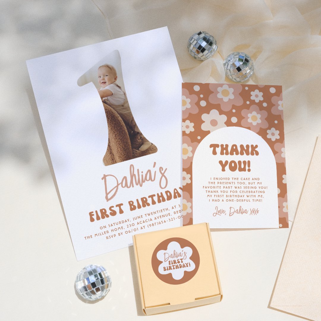 Groovy One Boho 70s Daisy Photo 1st Birthday Party Invitation | Zazzle