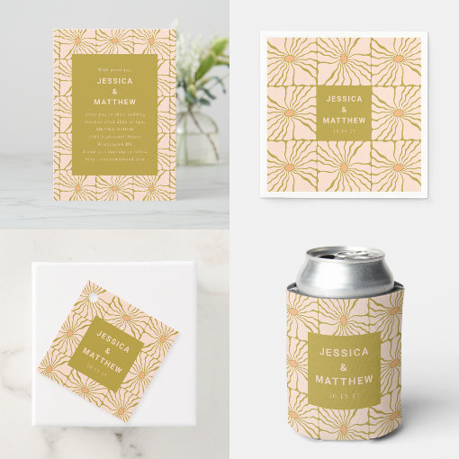 Groovy Retro Chartreuse Botanical Custom Wedding Square Paper Coaster ...