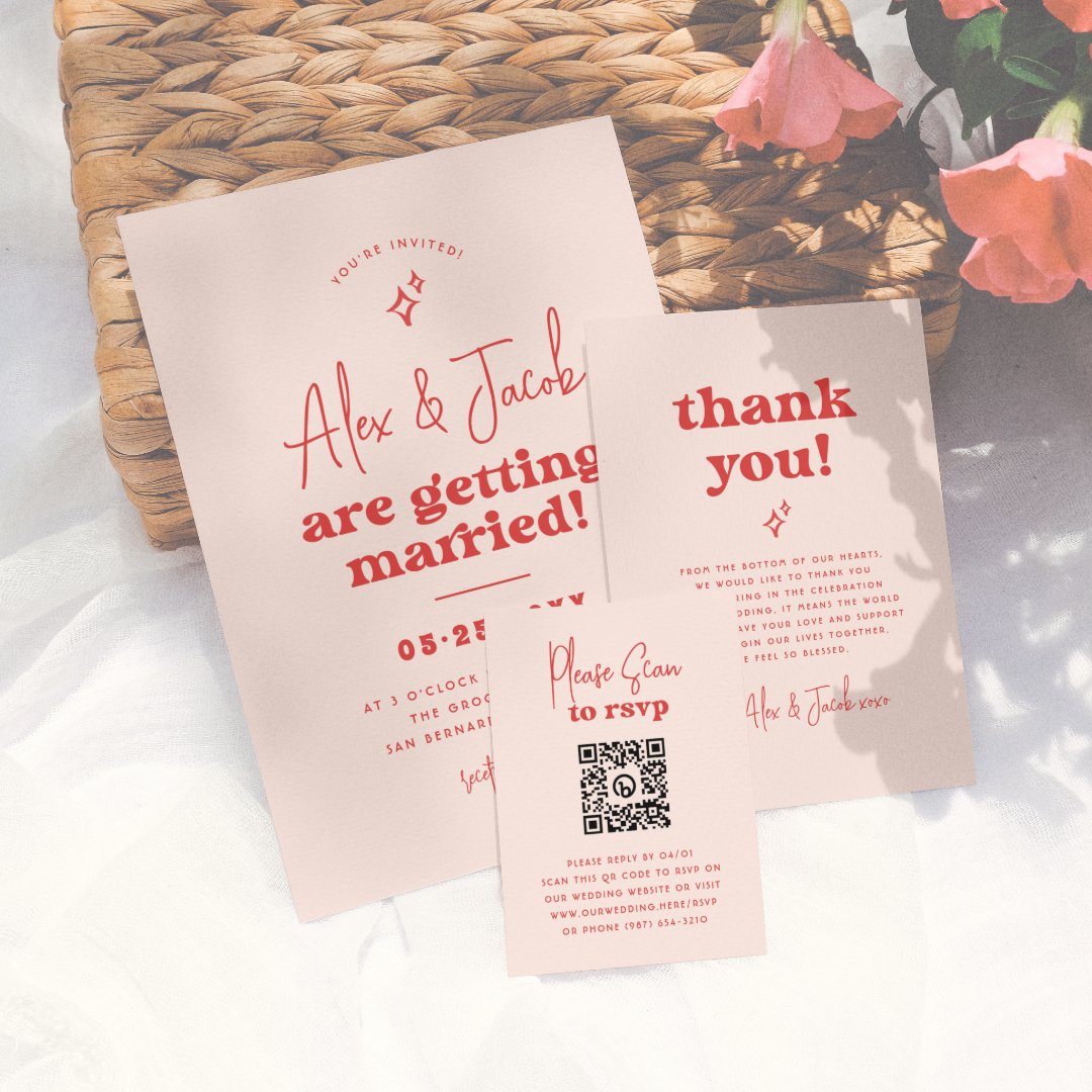 Budget Groovy Sparkle 70s Pink & Red Photo Wedding | Zazzle