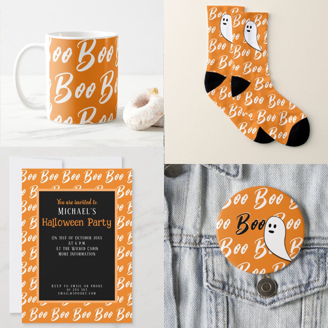 Ghost Halloween black white orange boo Classic Round Sticker | Zazzle