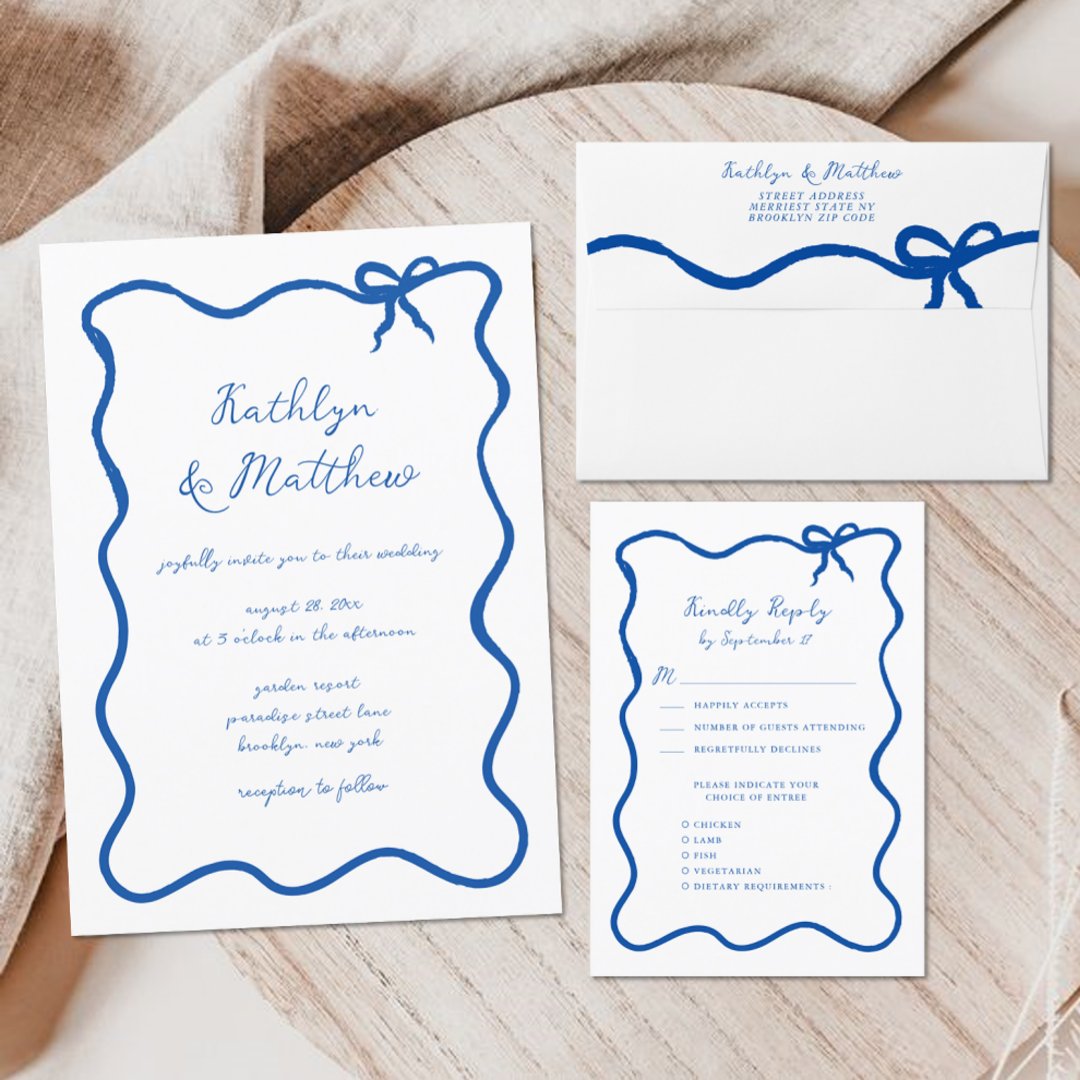 Hand Drawn Ribbon Whimsical French Blue Wedding Envelope | Zazzle