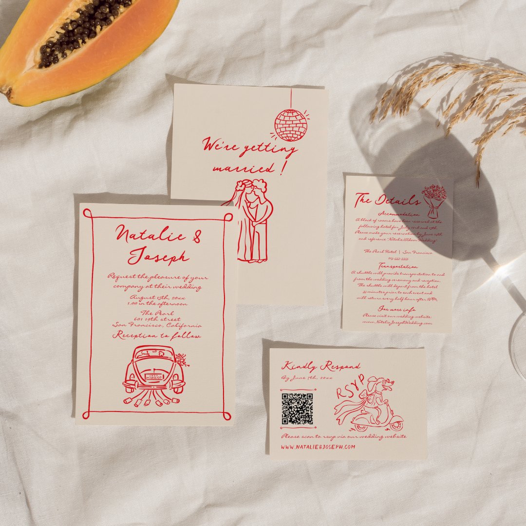 Retro Red Hand Drawn Quirky Cute QR Code Wedding RSVP Card | Zazzle