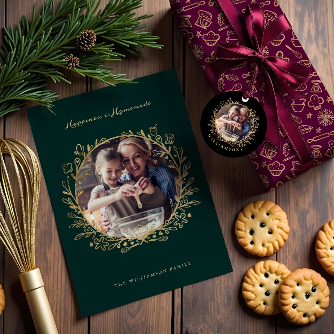 Christmas Baking Tree Gold & White Family Recipe Holiday Card | Zazzle