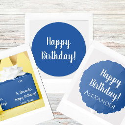 Happy Birthday Blue White Typography Classic Round Sticker | Zazzle