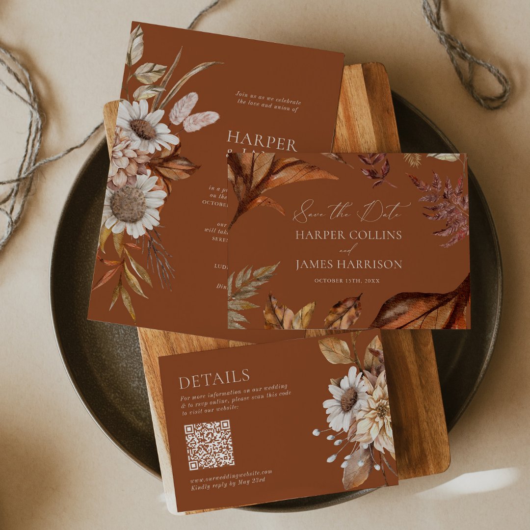 Elegant Modern Terracotta Floral Boho Fall Wedding Invitation | Zazzle