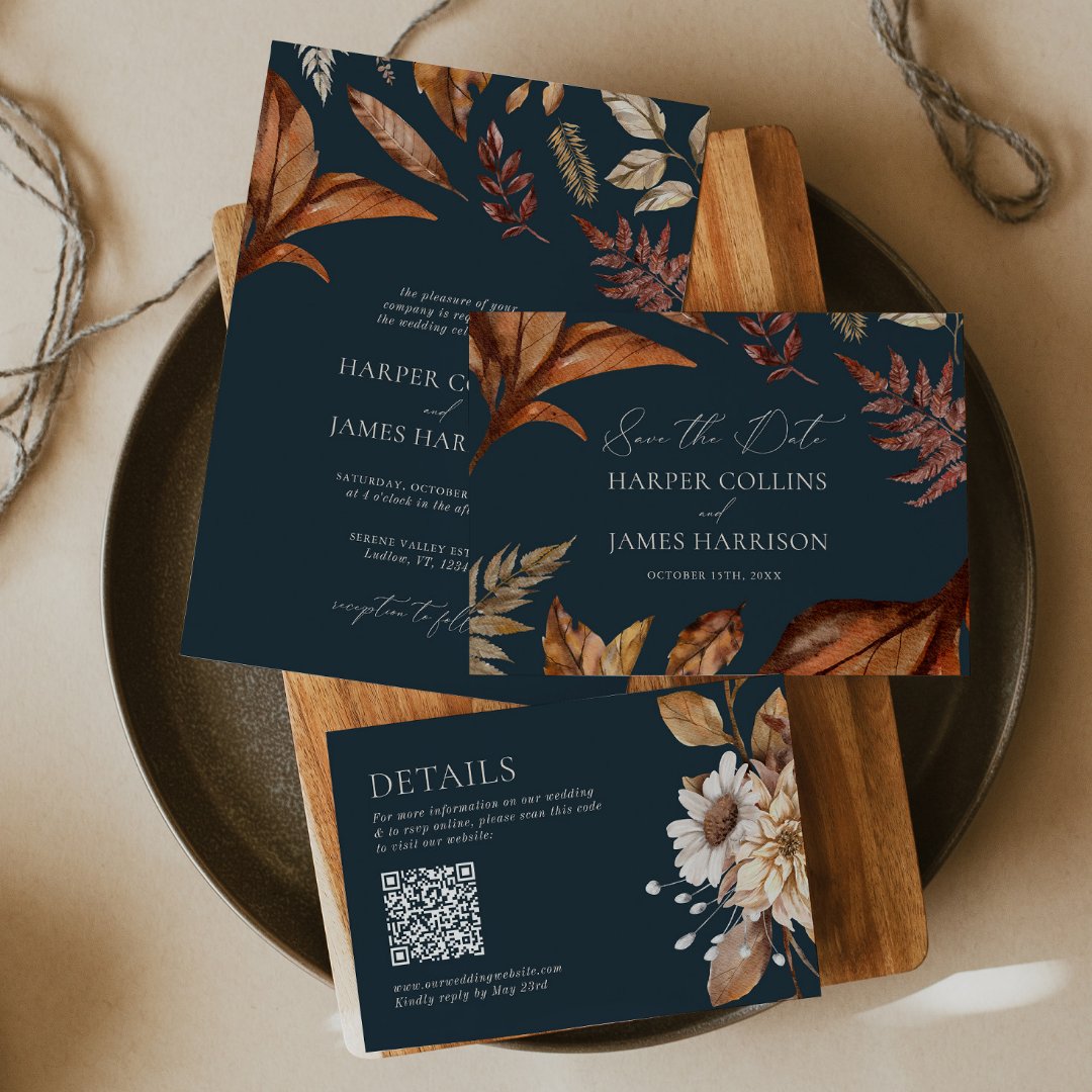 Elegant Navy Terracotta Floral Boho Fall Wedding Invitation | Zazzle
