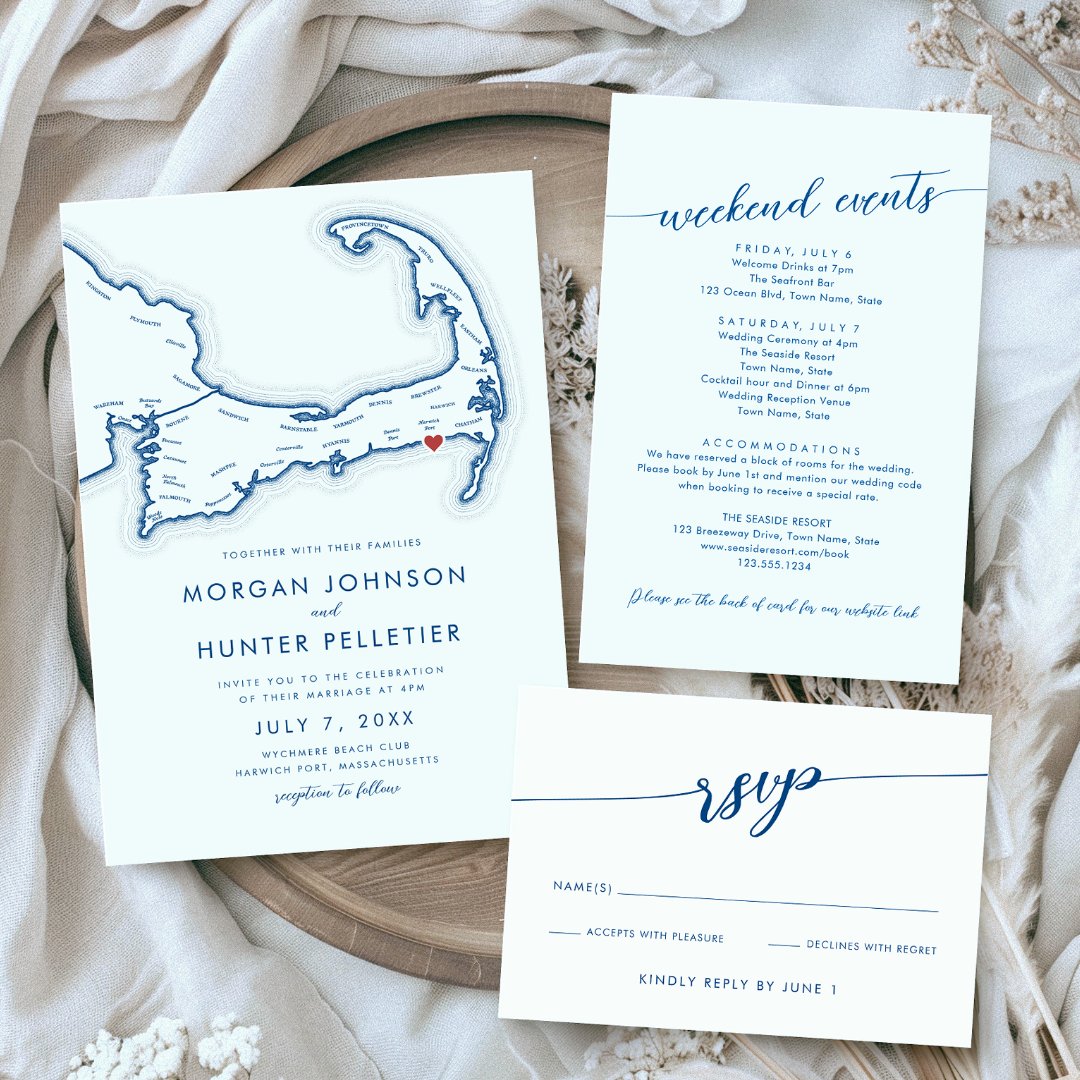 Harwich Port Cape Cod Navy Blue Minimalist Wedding Invitation | Zazzle