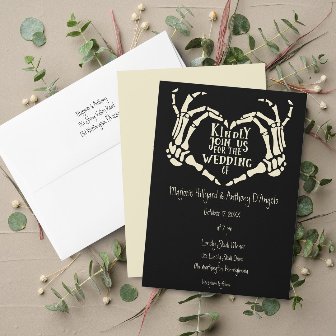 Heart Shaped Skeleton Hands Creepy Goth Wedding In Invitation | Zazzle