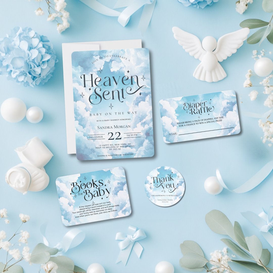 Heaven Sent Custom Angelic Clouds Baby Shower Invitation | Zazzle