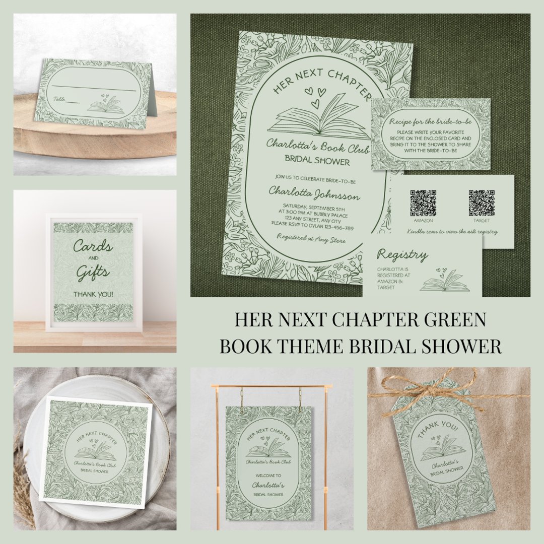 Next Chapter Book Club Sage Green Bridal Shower Invitation | Zazzle