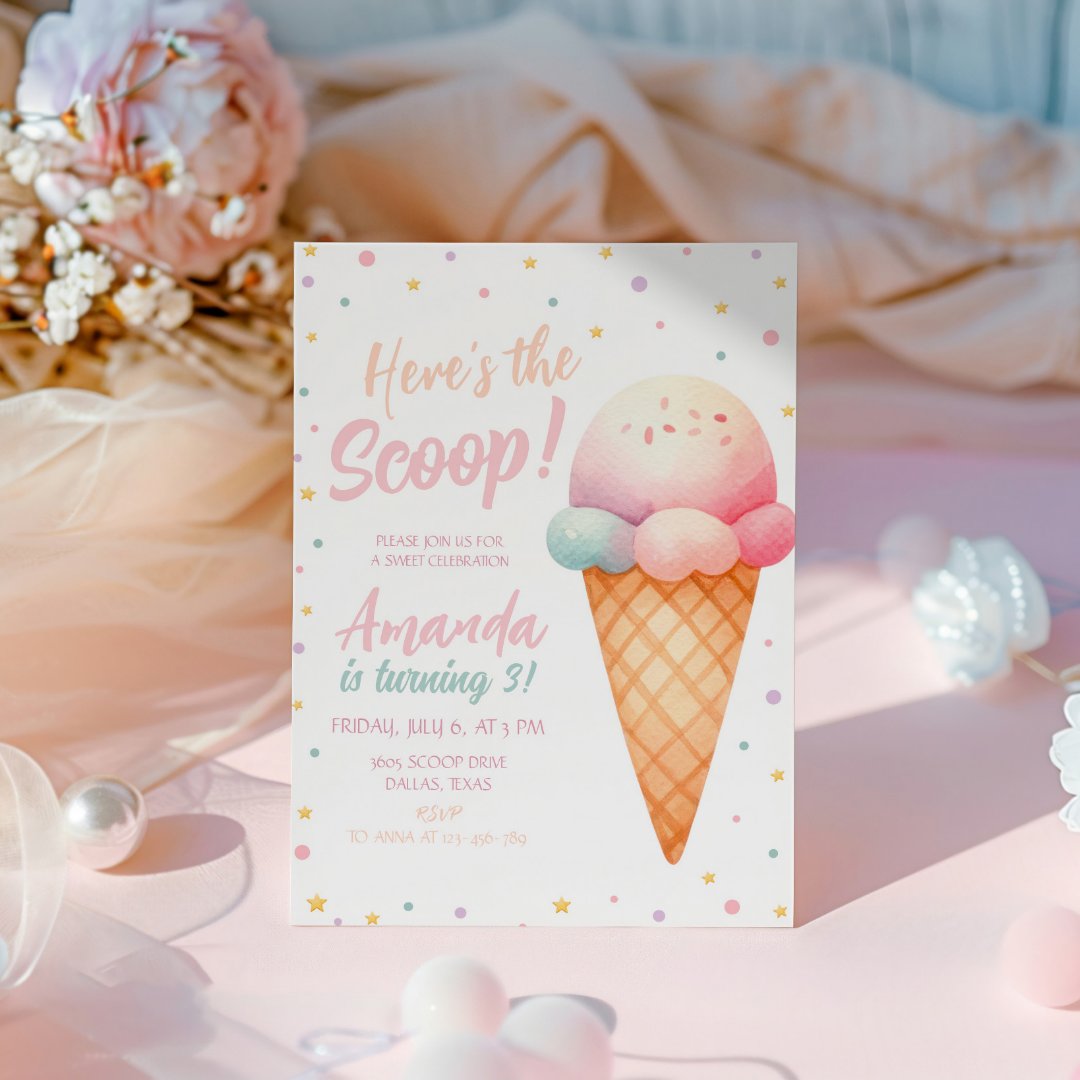 Here's The Scoop Ice Cream Birthday Party Invitation | Zazzle