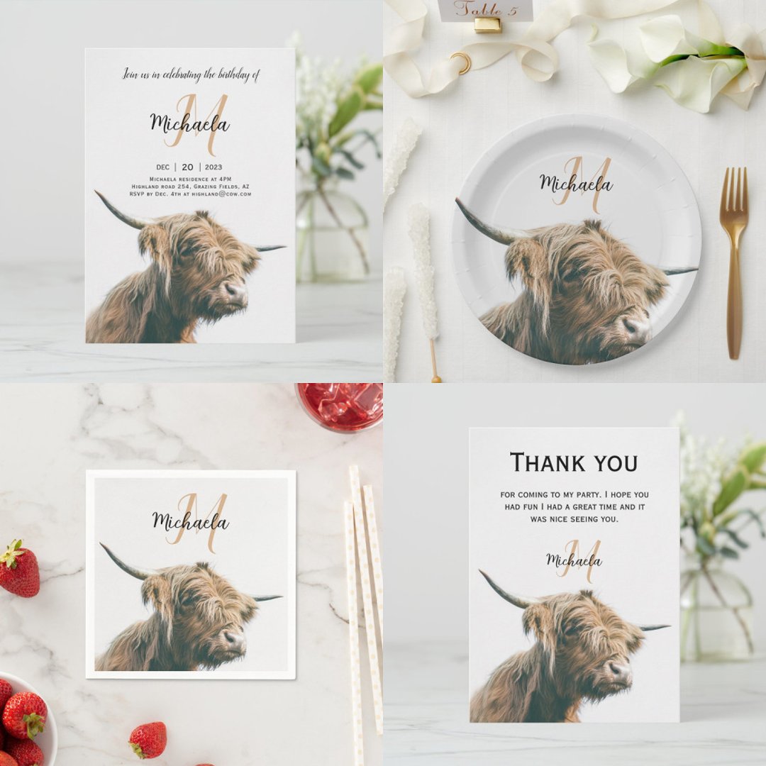 Highland cow portrait custom name initial monogram invitation | Zazzle